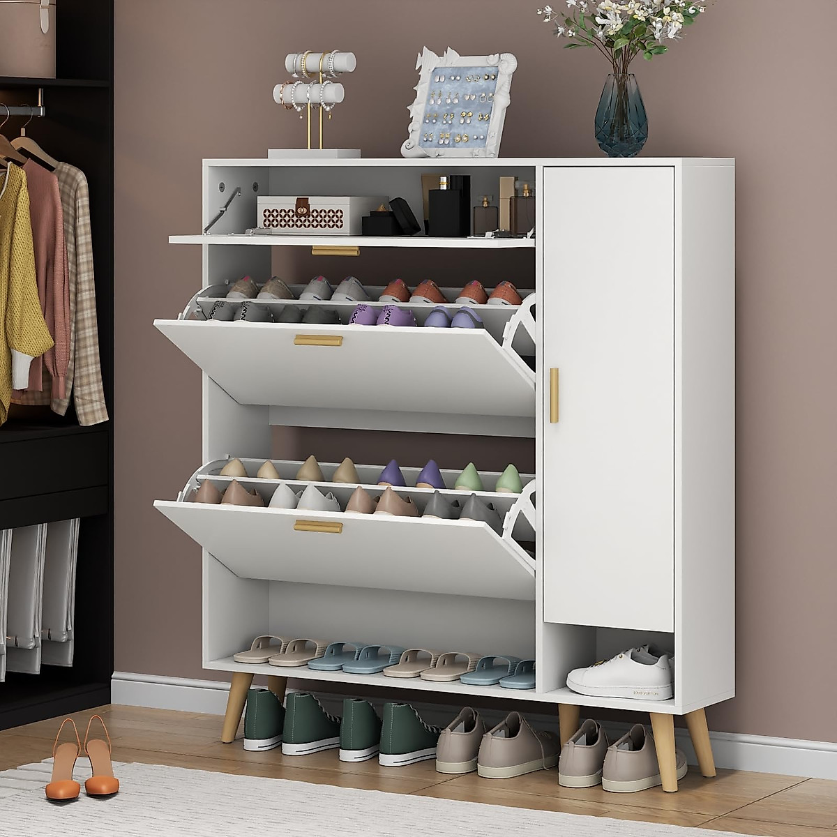 Loomie Shoe Cabinet, Shoe Storage Cabinet with 2 Flip Drawers & Side Cabinet, Narrow Shoe Cabinet with Doors, Hidden Shoe Storage with Adjustable Shelf, Slim Shoe Cabinet for Entryway (White)