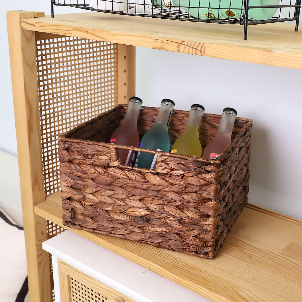 JJSQ Water Hyacinth Woven Basket for Storage Wicker Baskets for Organizing Shelves, Pantry, Small Rectangle Organizer Basket Decorative Basket, 1-Pack,11.4" x 9.8" x 6.9"