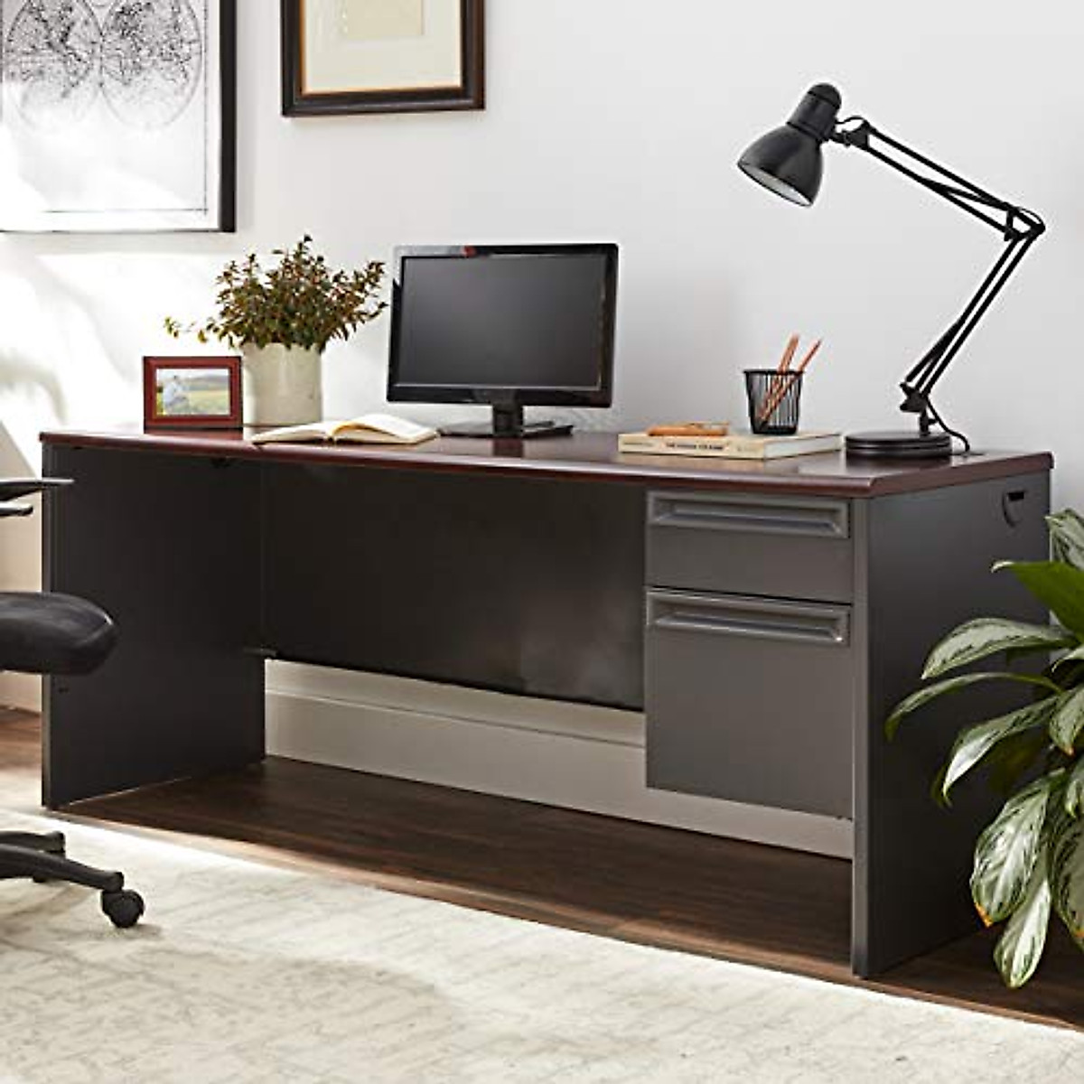 HON 38000 Series Right Pedestal Credenza, 72w x 24d x 29-1/2h, Mahogany/Charcoal