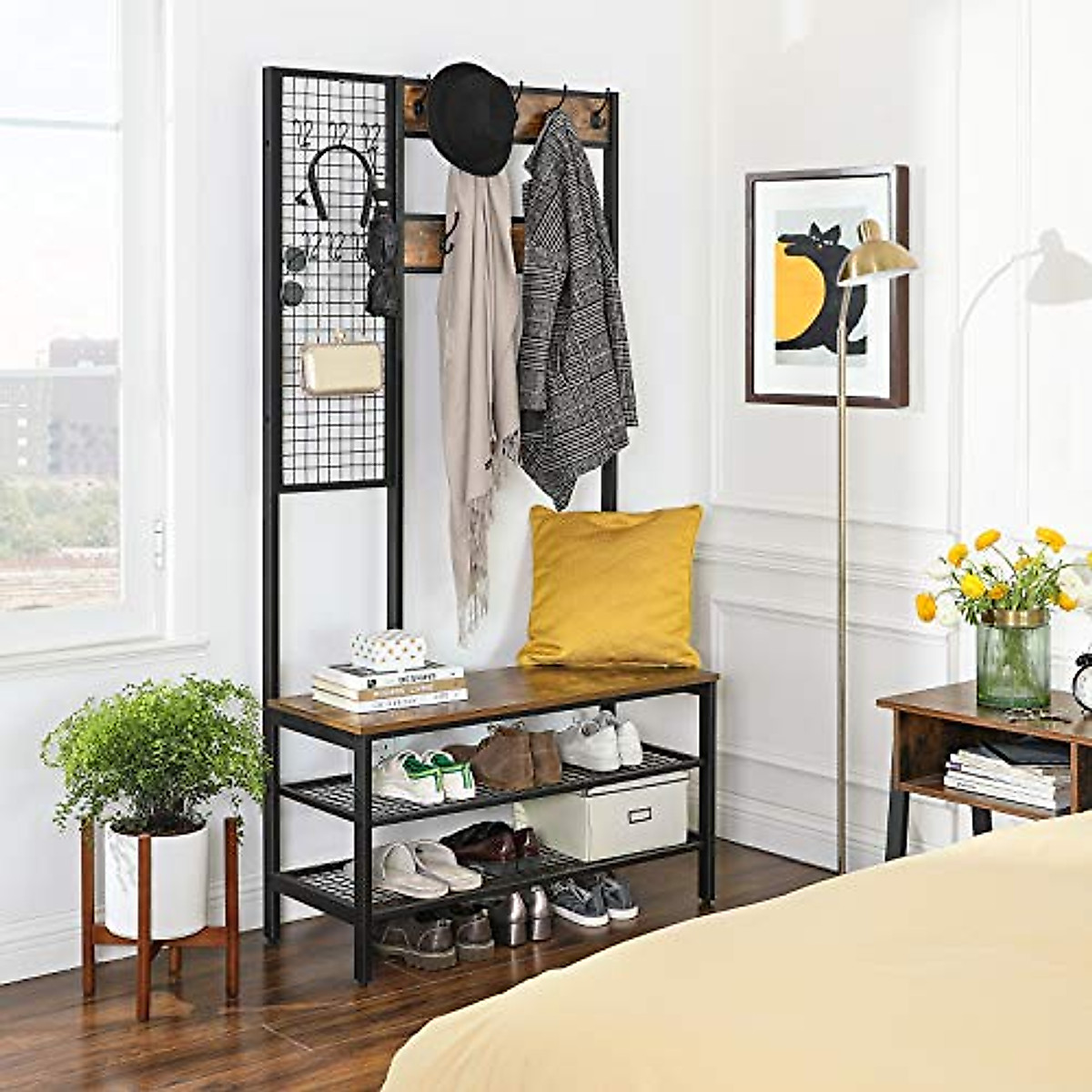 VASAGLE ALINRU Hall Tree, Coat Rack, Coat Stand with Grid Wall, Shoe Rack, 2 Mesh Shelves, 15 Hooks, 72.8-Inch Tall, Large Storage Space, Easy to Assemble, Industrial Style, Rustic Brown UHSR98BX