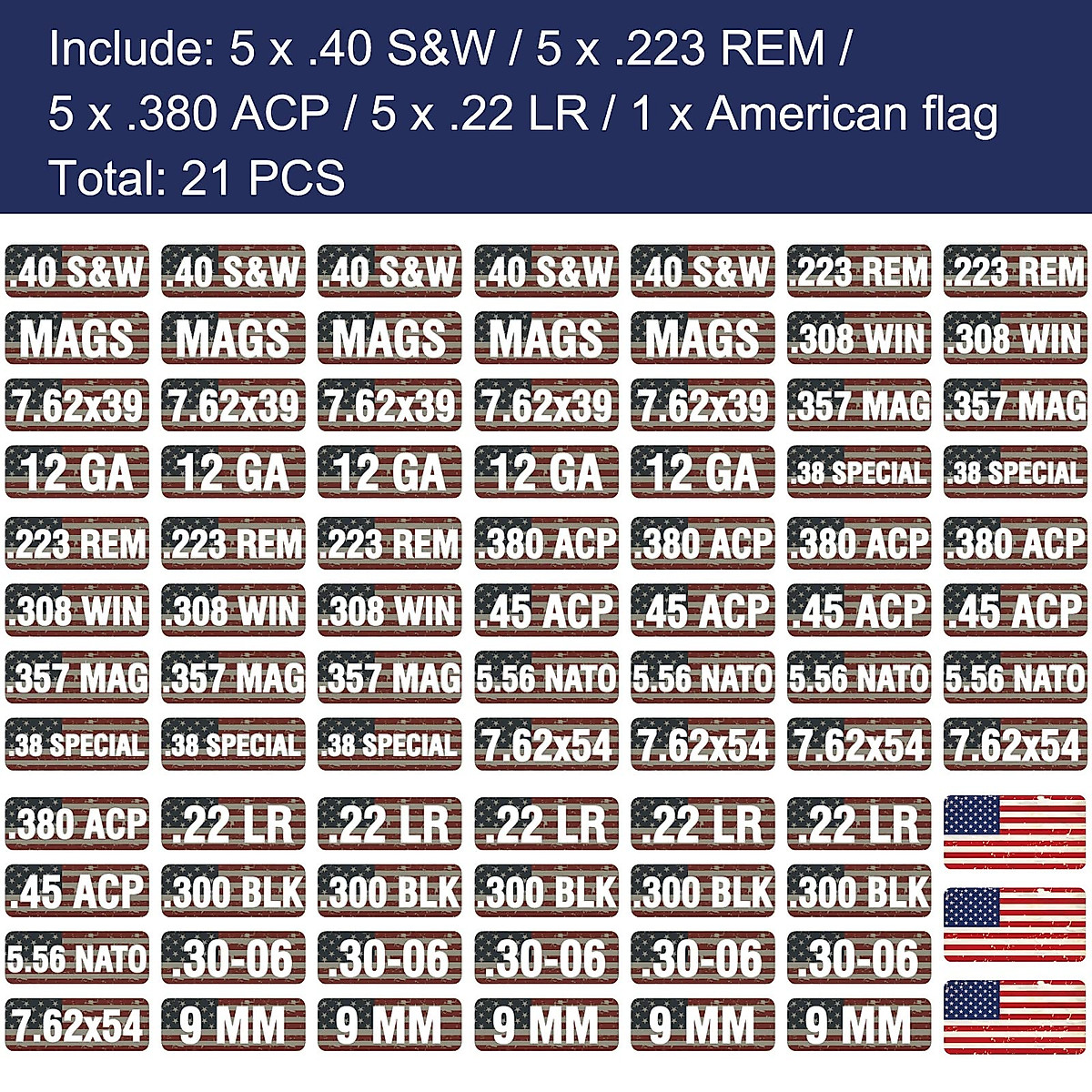 Aolamegs Ammo Can Vinyl Sticker Set Decal Label for Cans Cases Boxes .22 .223 .308 9MM .380 .45 5.56 7.62 12GA 300BLK (Choose Your Version）Black (80 Pack/16 Varieties (3 PCS USA FLAG STICKERS))