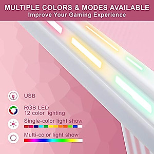 HomeMiYN Gaming Desk with LED Lights, 43.3'' Z Shaped RGB Effect Lighting Ergonomic Computer Game Desk PC Table Workstation with Headphone Hook & Cup Holder, Pink