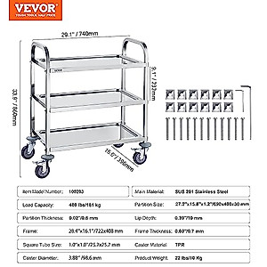 VEVOR Stainless Steel Cart, 3 Layers Lab Utility Cart 400 lbs Weight Capacity, Medical Cart with Lockable Universal Wheels, for Lab, Clinic, Kitchen, Salon