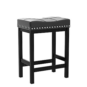 OUllUO Black Bar Stools Set of 2, Counter Height Bar Stools, Saddle Barstools, Pu Leather Stools with Metal Frame for Kitchen Island, 918P-BK