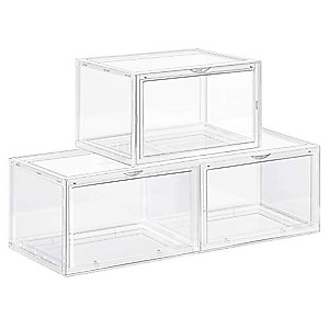 SONGMICS Shoe Boxes, Pack of 3 Stackable Shoe Organizers with Clear Door for Sneakers, Plastic Shoe Storage for US Size 12, 14.2 x 11 x 8.7 Inches, Transparent ULSP03CW