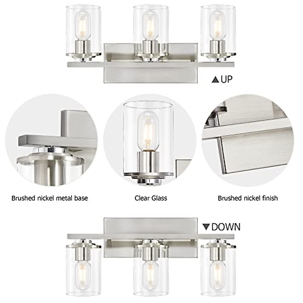 SADENICEL Brushed Nickel Bathroom Vanity Light, 3-Light Metal Wall Sconce Fixtures for Bathroom Lighting (Brushed Nickel, 3 Light)