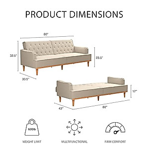 Mr. Kate Stella 80 Inch Futon Sofa Bed, Modern Upholstered Couch Sleeper with Button Tufted Back and Wood Trim, Tan