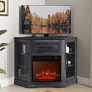 BELLEZE 43" Corner TV Stand with 18" Electric Fireplace Heater for TVs up to 43", Modern Corner Wood Entertainment Center with Glass Door Storage Cabinets - Dale (Rustic Grey)