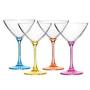 Lily's Home Unbreakable Plastic Martini Glasses with Colored Stem. Made of Shatterproof Polycarbonate Plastic and Ideal for Indoor and Outdoor Use, Reusable (9 oz. Each, Set of 4)