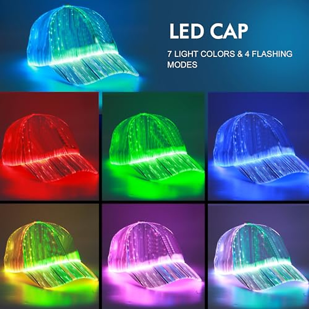 lumisonata LED Cap Fiber Optic Hat EDM Baseball Caps Light Up 7 Colors Glowing Flash USB Charging Hats Rave Accessories for Party (Black)