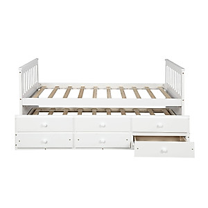 Rhomtree Twin Captain’s Bed Storage daybed with Trundle and Drawers for Kids Guests (White)