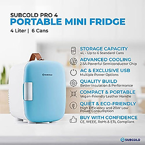Subcold Pro4 Luxury Mini Fridge Cooler 4 Litre / 6 Cans AC & Exclusive USB ECO Power Option | Portable Small Refrigerator For The Office, Bedroom, Car, Travel, Skincare & Cosmetic (Blue)