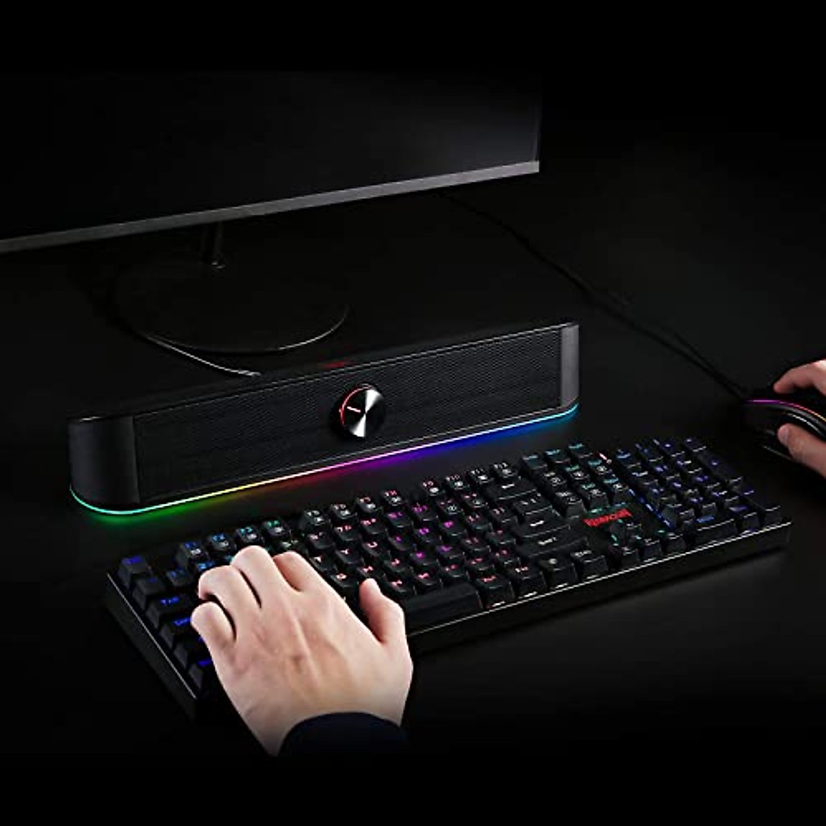 Redragon GS560 RGB Desktop Soundbar, 2.0 Channel Computer Speaker with Dynamic Lighting Bar Audio-Light Sync/Display, Touch-Control Backlit with Volume Knob, USB Powered w/ 3.5mm Cable, Black