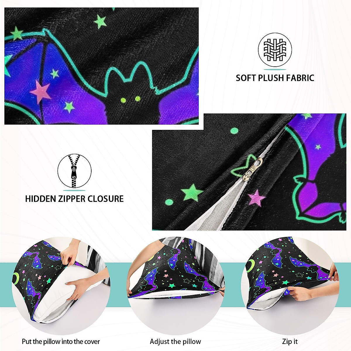 Joisal Bats with Bright Stars Plush Pillows Covers, Pillow Case for Body Pillow, with Side Opening Zipper, Furry Pillow Cases, 4 Optional Sizes