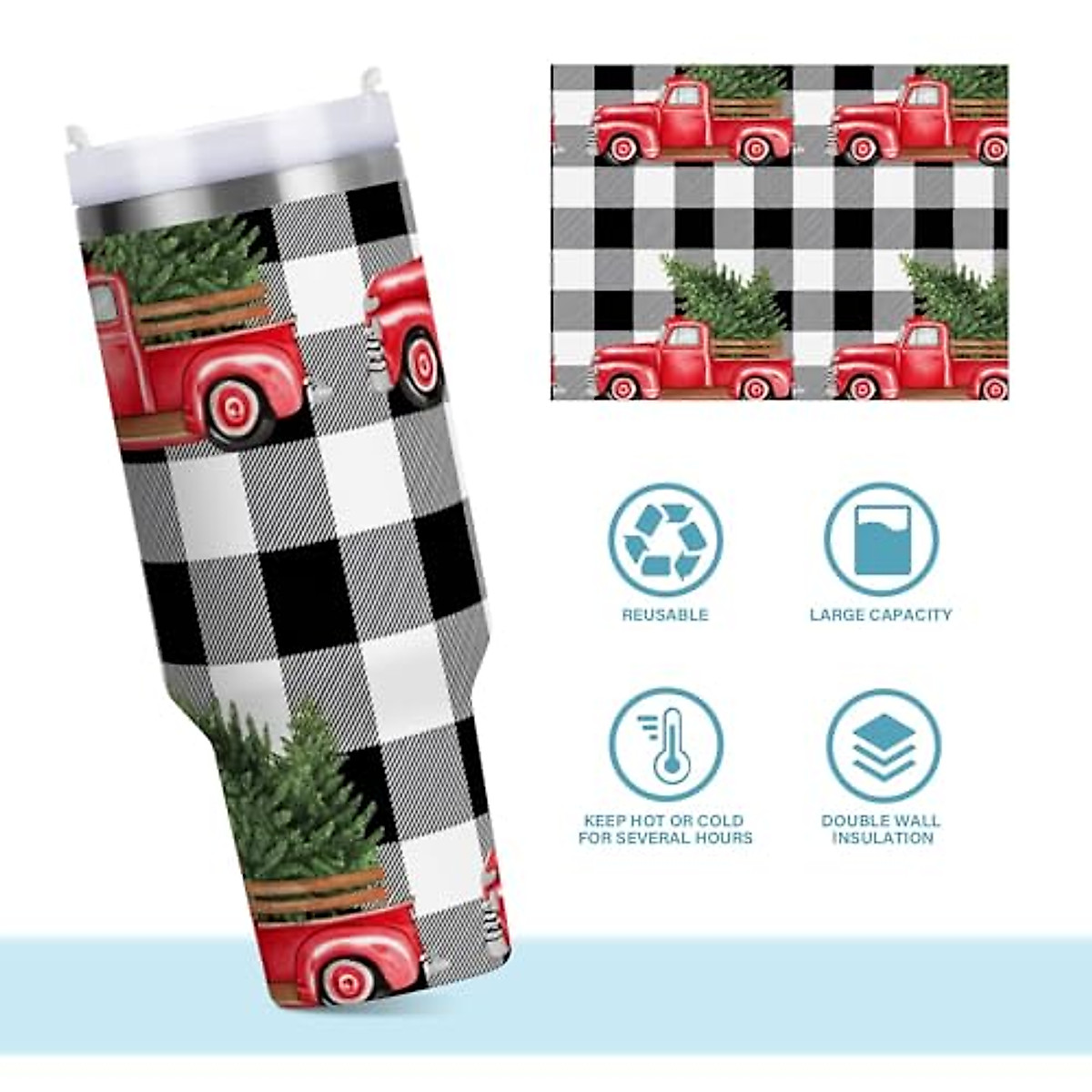 ODAWA 30 Oz Black White Plaid Christmas Trucks Insulated Tumblers with Handle and Straw Lid, Stainless Steel Vacuum Insulated Tumbler Travel Coffee Tumbler