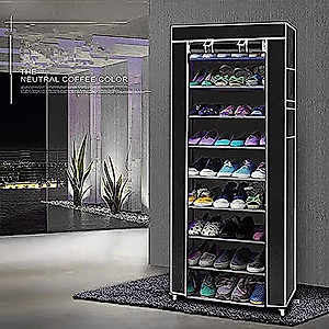 Mekek Black Shoe Rack, Free Standing Shoe Racks 9 Tier - Portable Row Shoe Rack Organizer Tower for Closet with Nonwoven Fabric Cover (Black)