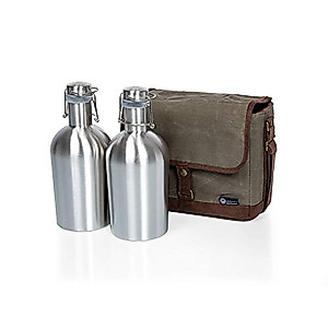 LEGACY - a Picnic Time brand Insulated Double Growler Tote with 64 oz. Stainless Steel Growlers, Beer Gifts for Men, Waxed Canvas Bag Water Bottle Carrier, (Khaki Green with Brown Accents)