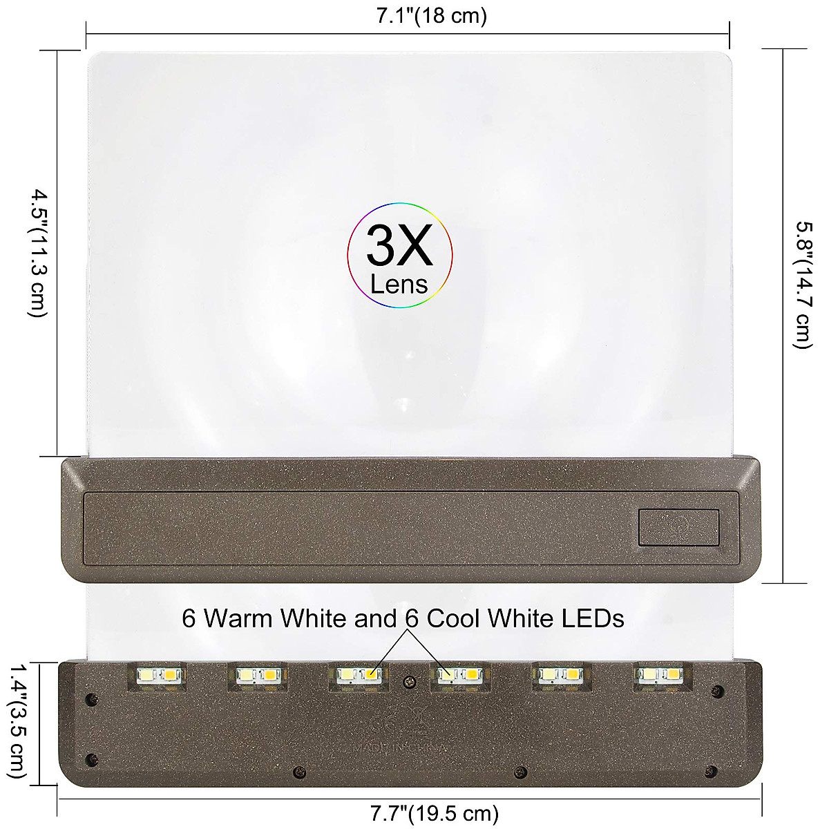 HONGUT Rechargeable Full Page Magnifier, Ultra Bright 12 LEDs Handheld Magnifying Glass with Cool/Warm White Light, Adjustable Brightness Illunimated Magnifier for Eye-Care, Reading Small Prints
