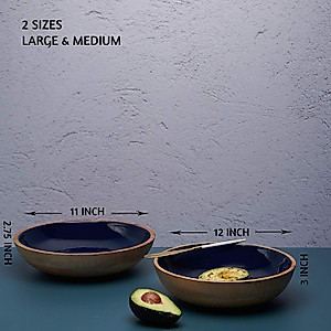 Set of 2 Large Serving Bowls with Salad Servers for Parties or Wooden Bowls for Food, Pasta, Salad, Fruits, 12 inch and 11 inch Wood Bowls, Mango Wood, Blue