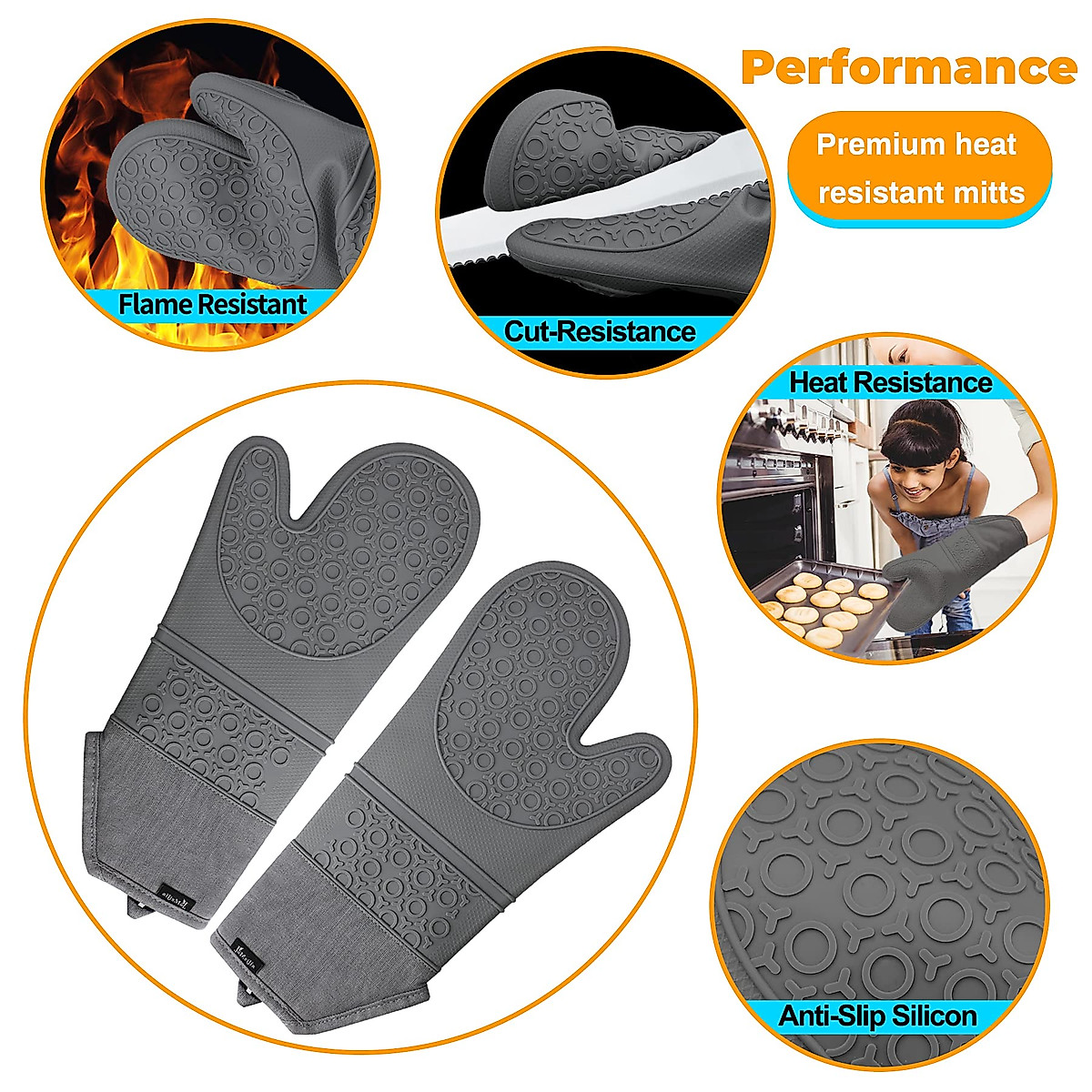 Jumeijia Oven Mitts and Hot Pads Sets, 8Pcs Extra Long Silicone Oven Gloves with Non-Slip Heat Resistant Hot Trivet Mats and Cooking Pinch Mitts Pot Holders Set for Baking Cooking, Grey