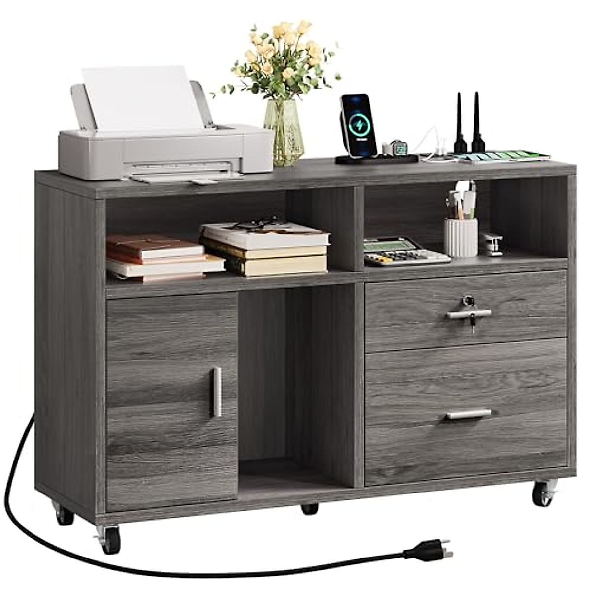 YITAHOME Wood Lateral File Cabinet, 2 Drawer Mobile Storage Cabinet, Fits A4, Letter and Legal, Printer Stand with Open Storage Shelves, Modern Filing Cabinet for Home Office, Grey