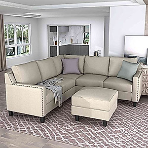 Tulib Symmetrical Sectional Sofa with Ottoman, L-Shaped Rivet Modern Upholstered Couch Set with Cushions, for Living Room, Beige