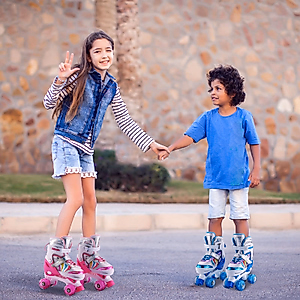 Kids Roller Skates Adjustable for Girls Boys Toddlers Youth, Pink 4 Size Adjustable Light Up Roller Skates for Size 11J todders to Size 7 Youth Women