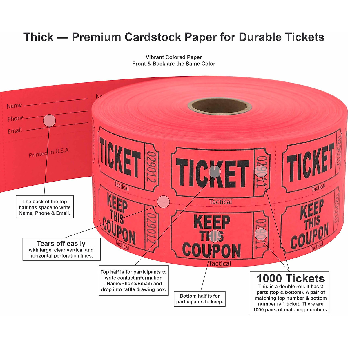 1000 Tacticai Raffle Tickets, Red (8 Color Selection), Double Roll, Ticket for Events, Entry, Class Reward, Fundraiser & Prizes