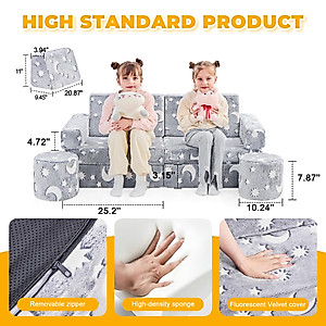 IFNOW 14pcs Modular Kids Play Couch, Kids Sofa Toddler Couch, Child Sectional Sofa, Bedroom and Playroom Furniture for Toddlers, Convertible Foam and Floor Cushion for Boys and Girls, Blue Glow, Gray