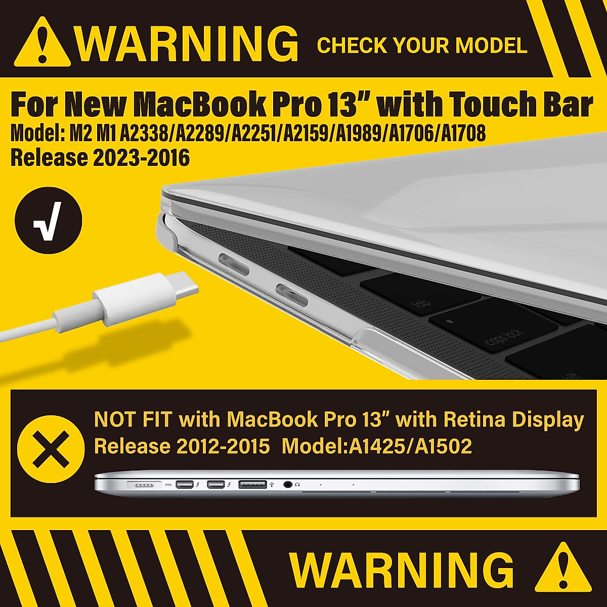 IBENZER Compatible with 2024 2023 M2 MacBook Pro 13 Inch Case 2024-2016 M1 A2338 A2289 A2251 A2159 A1989 A1706 A1708, Hard Shell Case&Keyboard Cover&Type C for Mac Pro 13,Crystal Clear,T13CYCL+1TC
