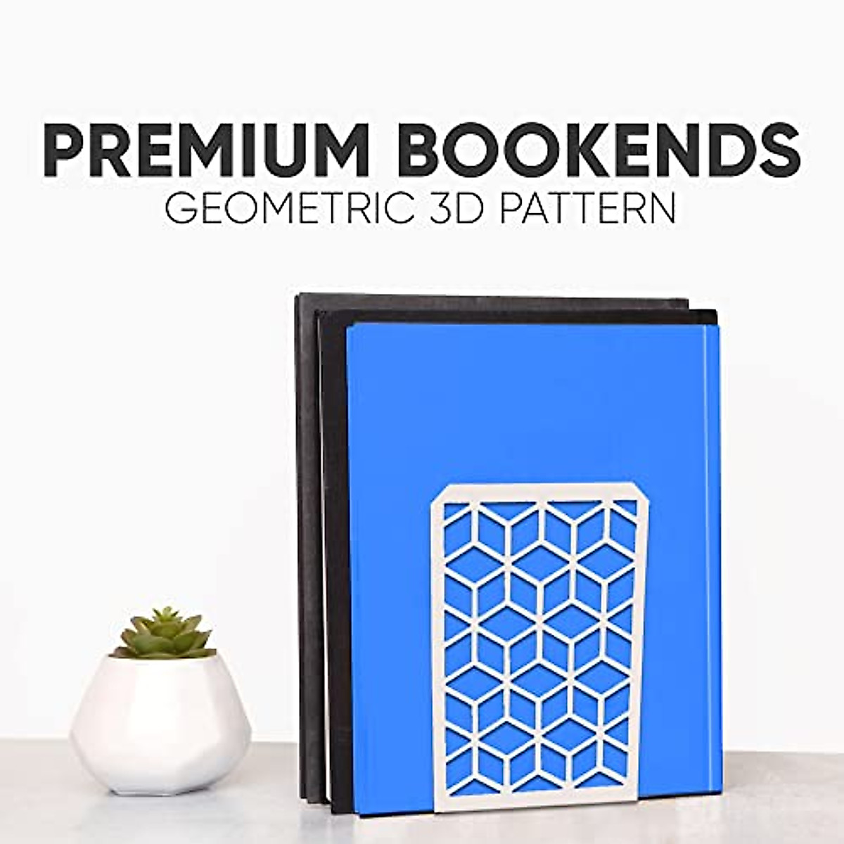 3D Metal White Bookends for Heavy Books, Premium Boho Book Ends for Office, Sturdy Book Stopper, Rustproof and Durable Bookends Decorative Unique for Home, 7 (L) x 4.75 (W) inches, 1 Pair - Geomod