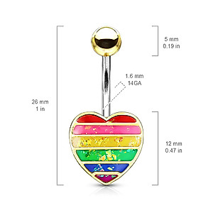 Pierced Owl Rainbow Gay Pride Synthetic Opal Glitter Heart Belly Button Navel Ring (Rose Gold Tone)