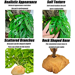 Woyrise Reptile Artificial Plants with Base, Terrarium Decor Amphibian Habitat Plant, Bearded Dragon Tank Accessories fit Gecko Lizard Chameleon Snake Frog - Monstera Adansonni