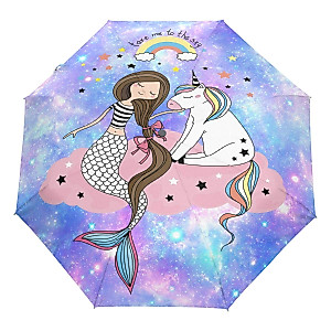 Wamika Cute Mermaid Unicorn Auto Umbrella Open Close Shining Stars Galaxy Umbrellas Windproof Travel Umbrella Lightweight Compact Parasol Umbrellas Sun & Rain