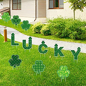 Whaline 11Pcs St. Patrick's Day Yard Signs with 22Pcs Stakes Glitter LUCKY Green Clover Lawn Sign for Indoor Outdoor Home Lawn Decorations Holiday Anniversary Ornaments Party Supplies