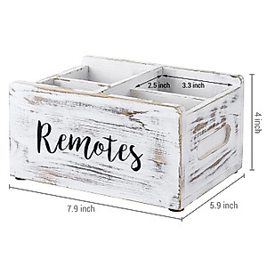 MyGift Whitewashed Wood Remote Control Holder Organizer with 4 Compartments, Media Storage Caddy with Cursive REMOTES Design