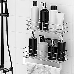 WECVLAG Shower Caddy Organizer Stainless Steel Bathroom Shelf Holder with Adhesive Hooks No Drilling Rustproof Bathtub Shelves 2 Pack Wall Mounted Storage Racks for Kitchen