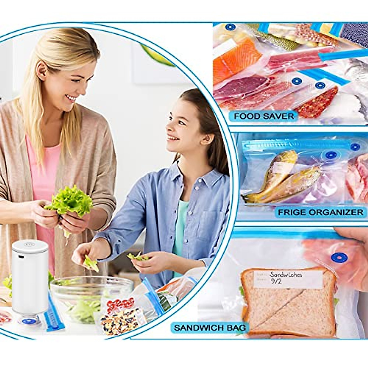 Zosylala Vacuum Sealer, Food Saver Vacuum Sealer Machine, Handheld Vacuum Sealer, Multi-Function Air Pump with Pump Head Sets, 5 Reusable Vacuum Seal Bags