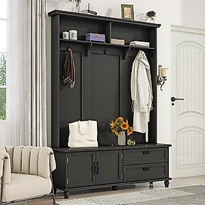 Wide Hall Tree with Storage Bench Coat Rack with Cabinet and 2 Drawers Wooden High Back Mudroom Bench with 5 Hooks for Mudrooms Organization Entryway Living Room, Black