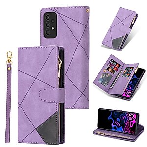 UEEBAI Wallet Case for Samsung Galaxy A53 5G, Retro 9 Card Holder Slots Zipper Pocket Handbag Case PU Leather Magnetic Closure Kickstand with Wrist Strap TPU Shockproof Flip Case - Diamond Purple