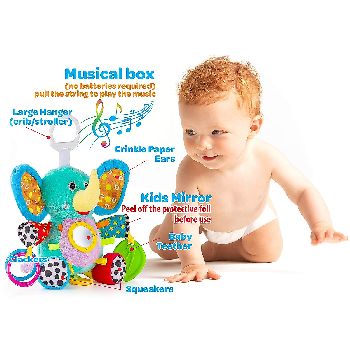 OKIKI Elephant Plush Stuffed Infant Toy, Baby Development Toys with Musical Box, Squeaky Feet, Kids Mirror, BPA Free Teether - Stroller, Crib, Carseat Baby Toys