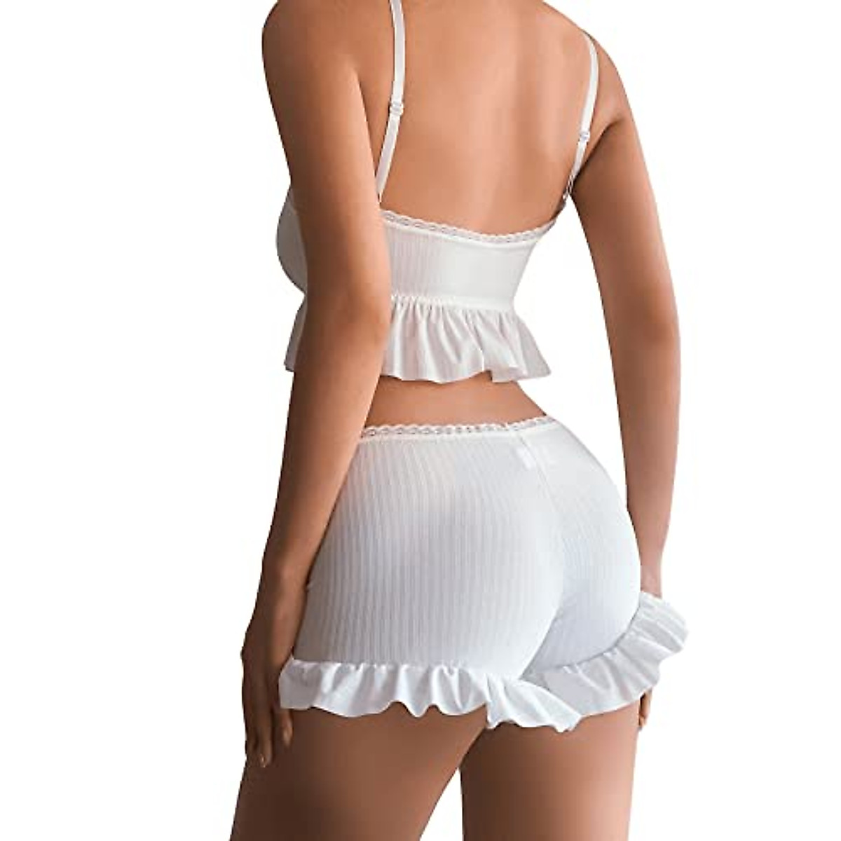 SweatyRocks Women's 2 Piece Lingerie Set Ruffle Trim Tie Front Cami Top and Shorts Sleepwear White S