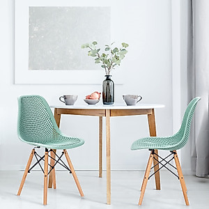KOTEK Set of 4 Dining Chairs, DSW Molded Shell Plastic Side Chairs with Mesh Design, Solid Wood Legs, Mid-Century Modern Armless Side Chairs for Kitchen, Dining Room, Living Room (Green)