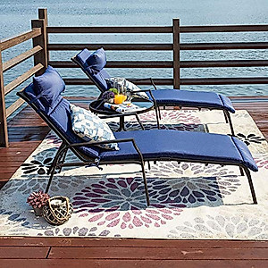 Top Space Patio Lounge Chair Outdoor Chaise Chairs Portable Adjustable Metal Leisure Recliner with Folding Table 3 Pieces for Camping Beach Yard Pool (Blue)