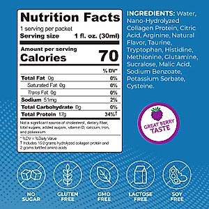 ProT Gold Liquid Collagen Protein Shot, 17g Clear Protein Nano-Hydrolyzed Grass Fed Collagen, 2g Arginine for Wound Support, Gluten Free, Sugar Free, 0g Carbs, Non GMO, Berry, 1 fl oz, 24 Pack