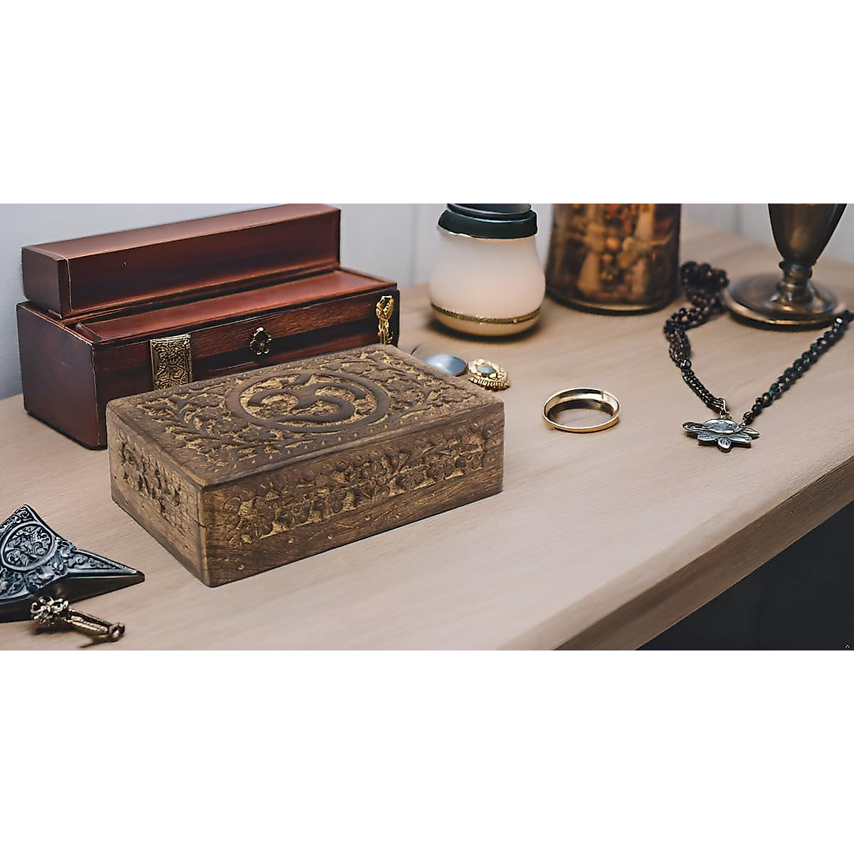 Great Birthday Gift Ideas Handmade Decorative Wooden Jewelry Box Jewelry Organizer Keepsake Box Treasure Chest Trinket Holder Watch Box Storage Lock Box 8 x 5 Inches Housewarming Gift Ideas Men Women