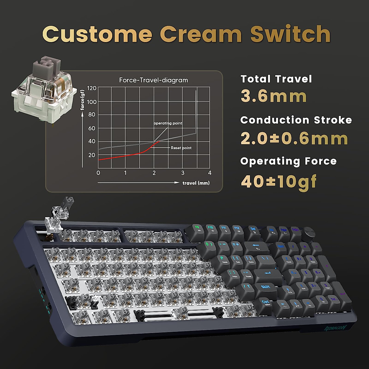 Redragon Mechanical Keyboard Wireless, Gaming Keyboard Wireless 3-Modes 94 Keys Mechanical Keyboard Hot-Swap Socket, RGB Creamy Gaming Keyboard Gasket Structure for PC/Tablet/Laptop/Xbox/PS4