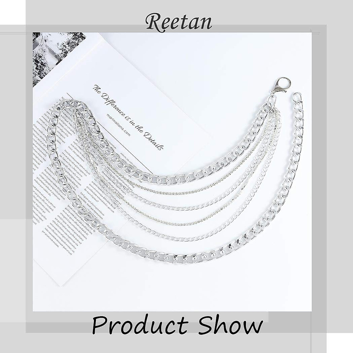 Reetan Sparkly Rhinestone Chain Belt Layered Boho Waist Chain Rave Belly Chain Nightclub Body Jewelry Accessories for Women (Silver)