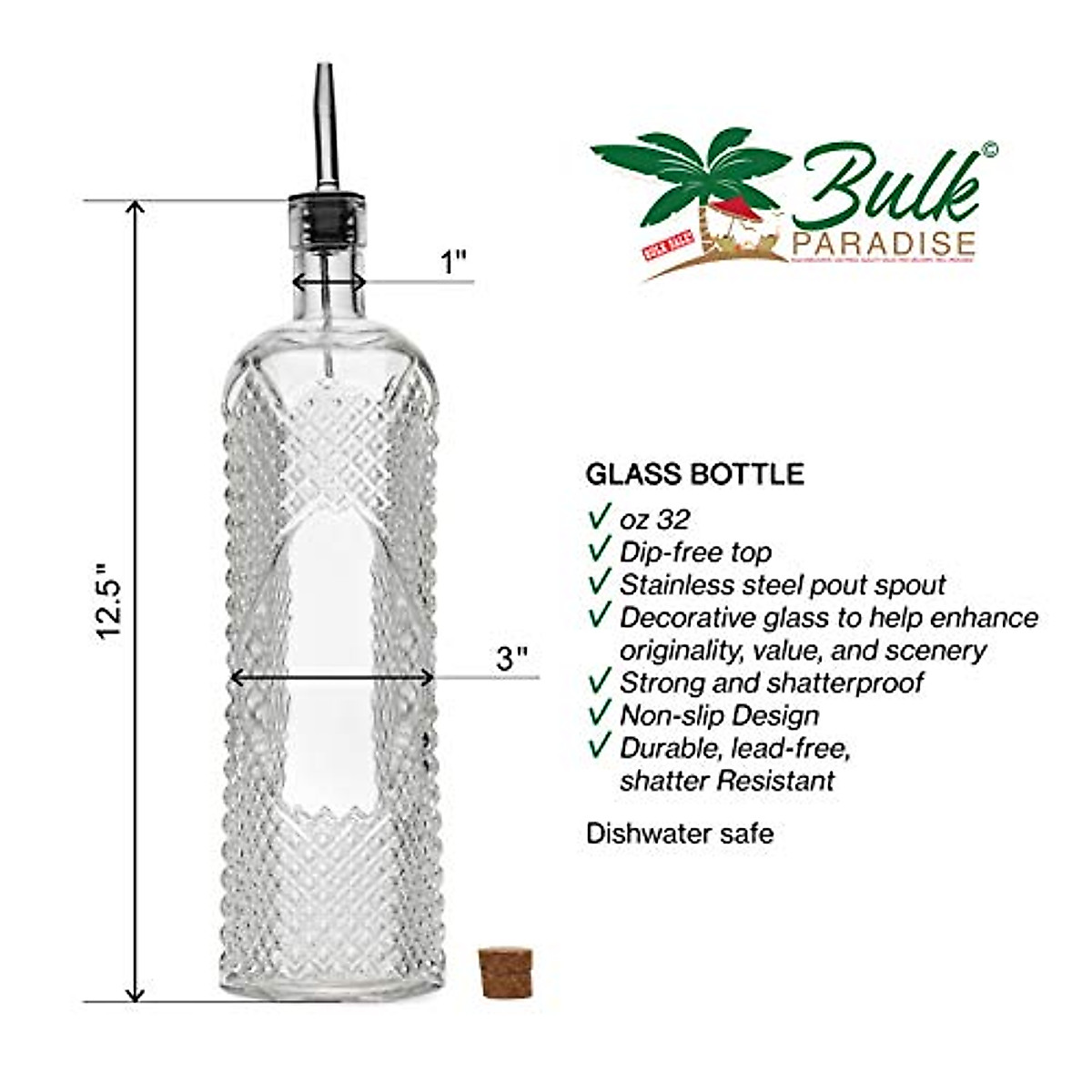 BULK PARADISE Large Clear Decorative Glass Bottle with Spout and Cork, 32oz, 1 Bottle - Design: Kristal (3in X 11.9in)