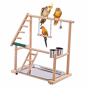 Bird Play Stand Parrots Playground Wooden Stick Perch，Bird Playpen Exercise Gym with Ladder Feeder Cup Bell Swing，Parrot Play Climb Gym for Parakeet Cockatiel Conure(Include a Tray)
